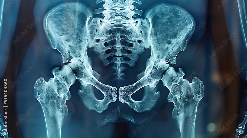 Close-up X-ray of the pelvis, focusing on fractures and other injuries ...