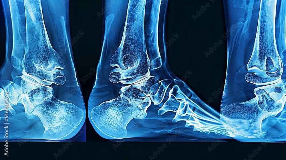 Composite X-ray image of a sprained ankle from multiple angles, highlighting bone and ligament ...