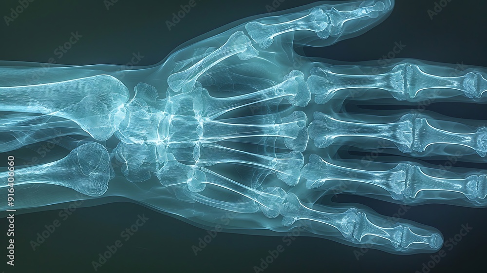 Detailed X-ray of a hand showing signs of carpal tunnel syndrome, clear ...
