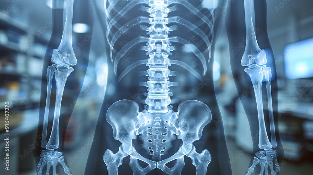 Detailed X-ray of the lumbar spine in a standing position, showcasing ...