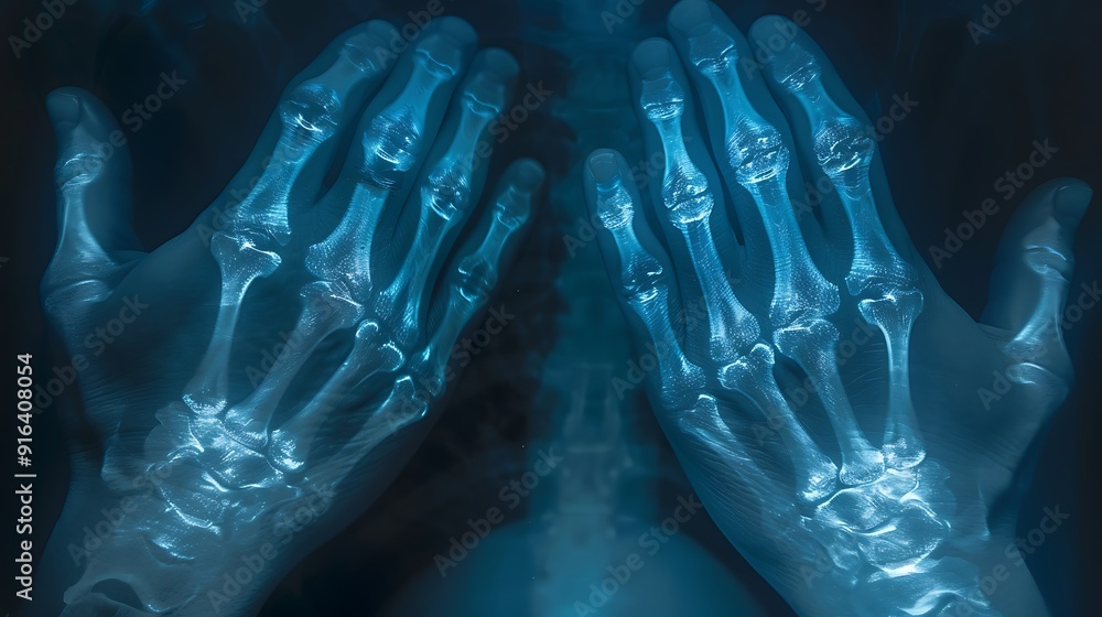 High-resolution X-ray of hands in a lateral position, showing joint ...