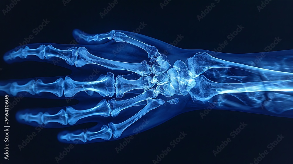 Side-view X-ray of a wrist and hand, highlighting the carpal tunnel ...