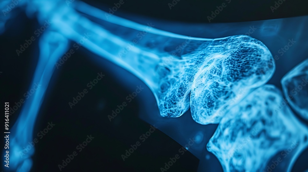 Side-view X-ray of the femur, highlighting signs of osteoporosis, sharp ...
