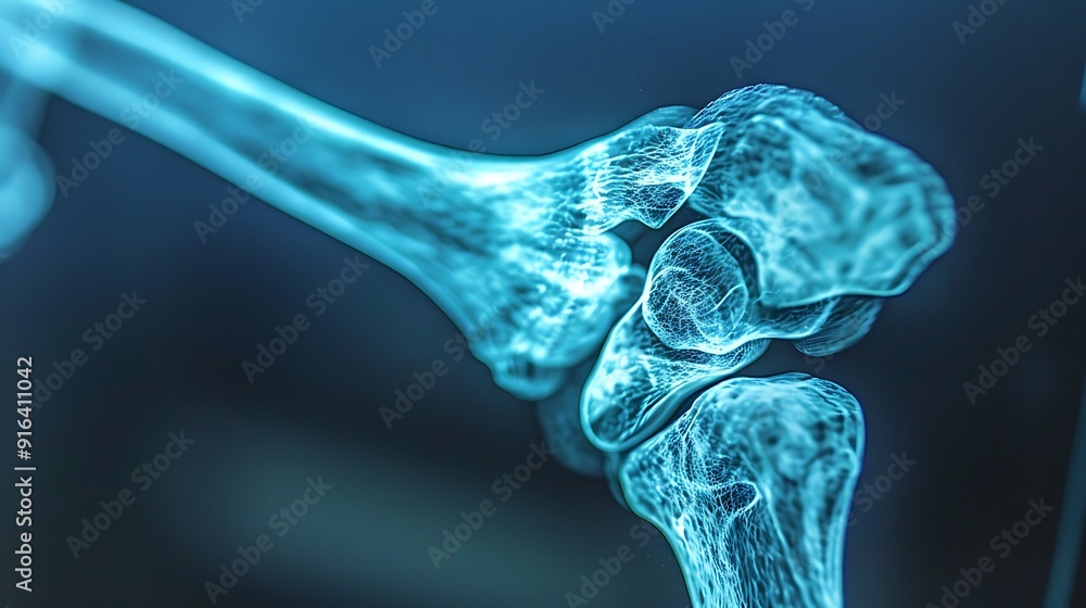 Side-view X-ray of the femur, highlighting signs of osteoporosis, sharp ...