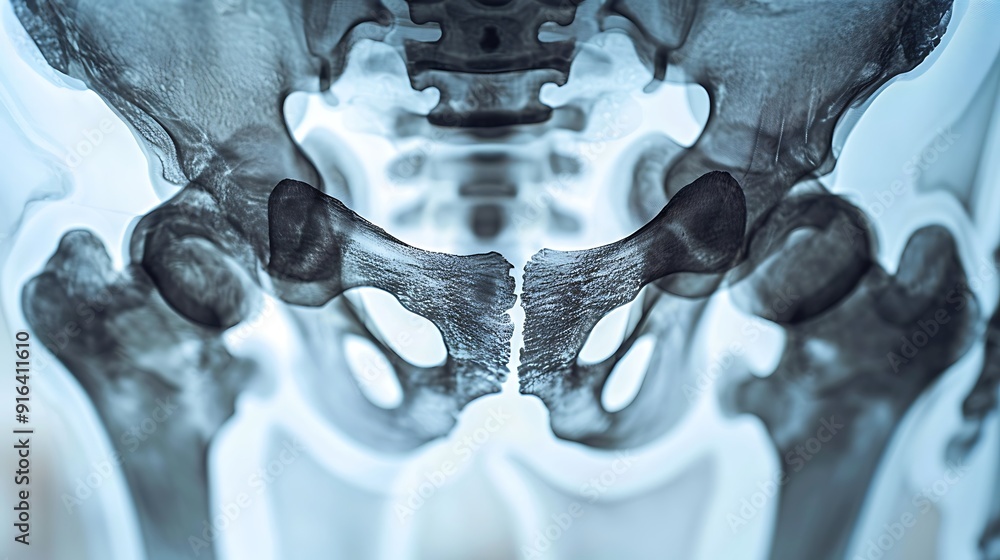 Side-view X-ray of the pelvis, highlighting fractures and other ...