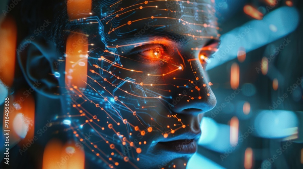 Portrait of an AI robot Startup Digital Entrepreneur Working on a Computer, Lines of Code ...