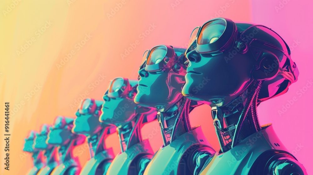 A group of humanoid robots with different skin colors and expressions, human-like figures and ...