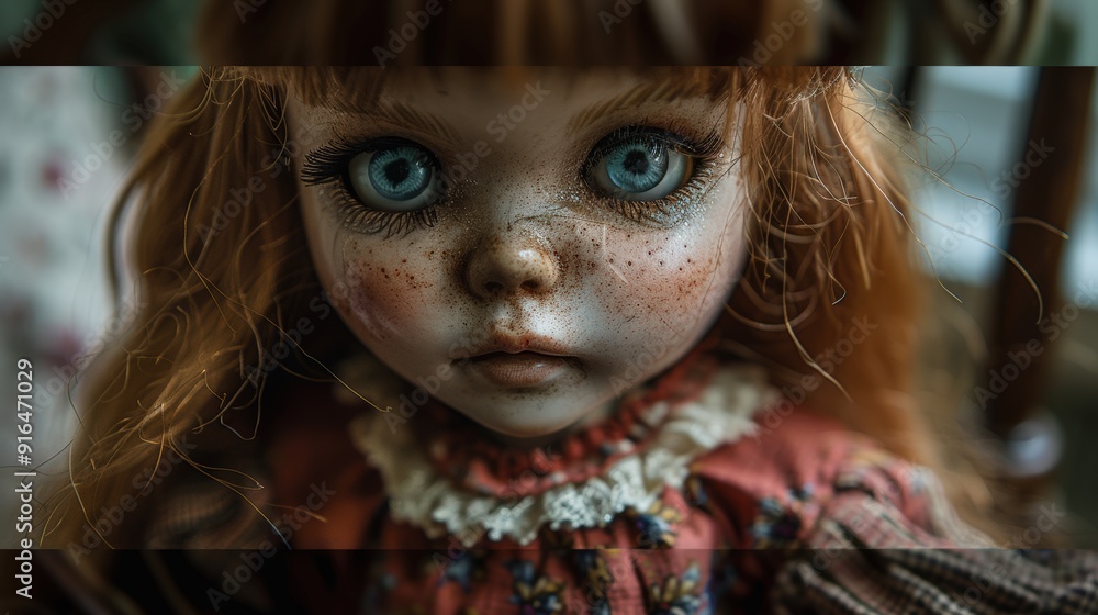creepy vintage doll with wide blue eyes and freckled, cracked porcelain ...