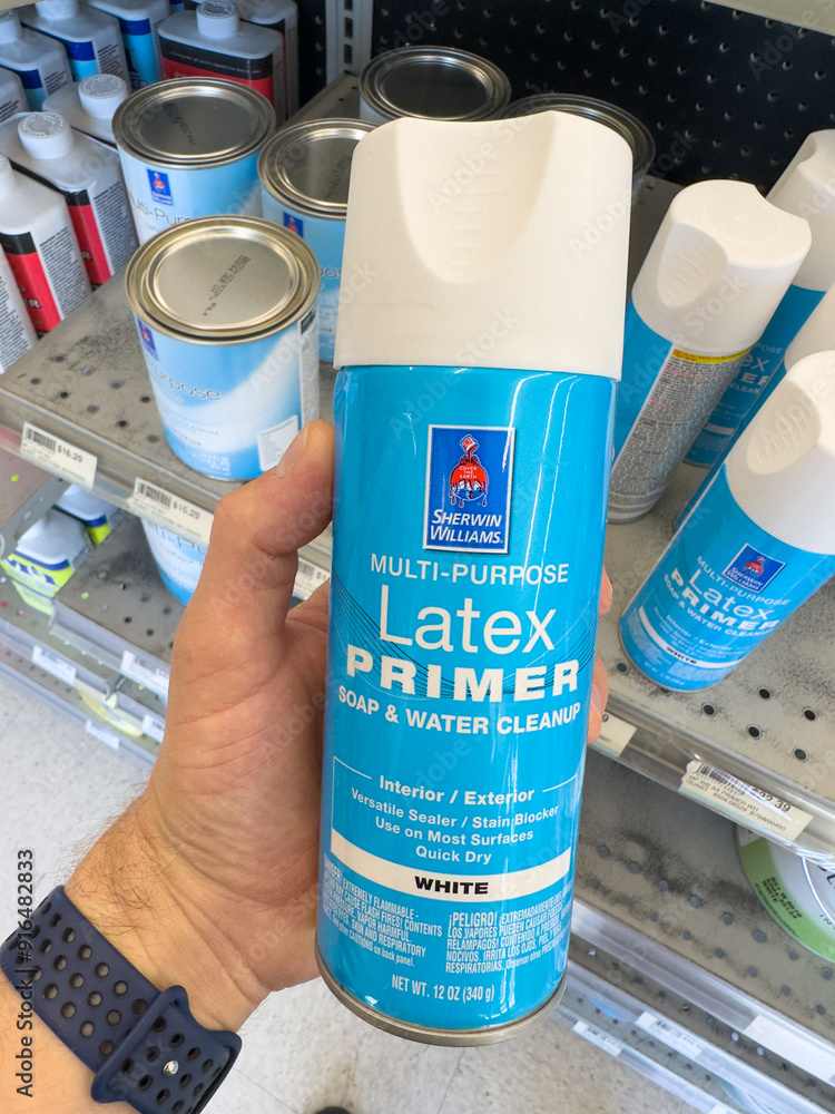 Spray can of Latex Primer by Sherwin Williams company. Stock Photo ...