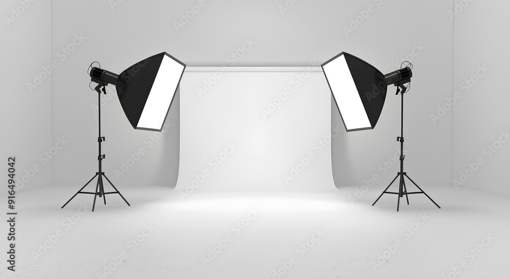 studio with two light stands on a white background, mockup template ...