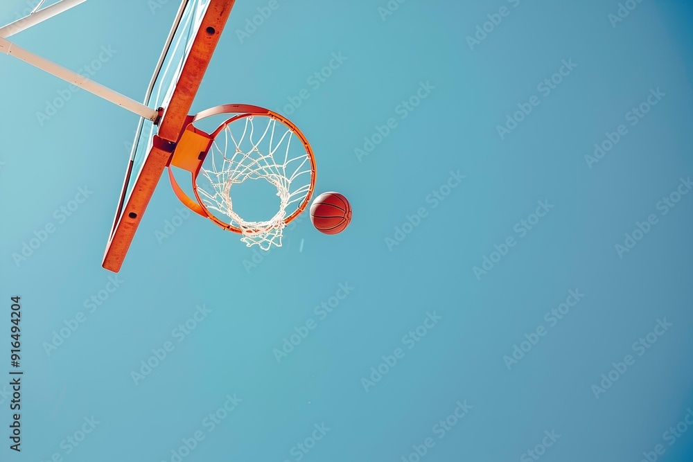basketball going through the hoop on blue sky background. Minimalistic ...