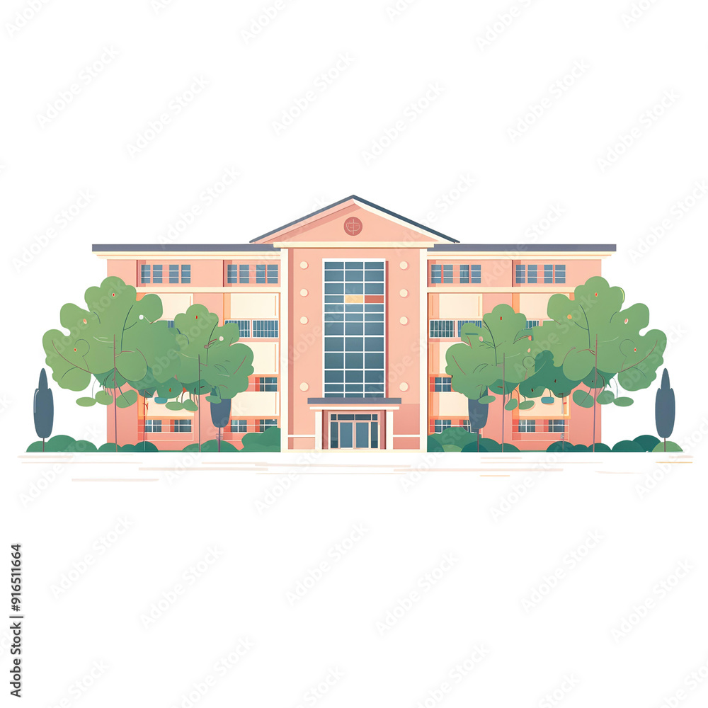 Flat High School building with transparent background, simple design ...