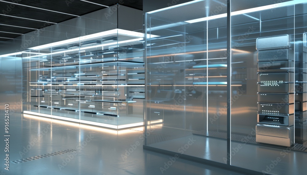 A futuristic server room featuring transparent glass walls, showcasing ...