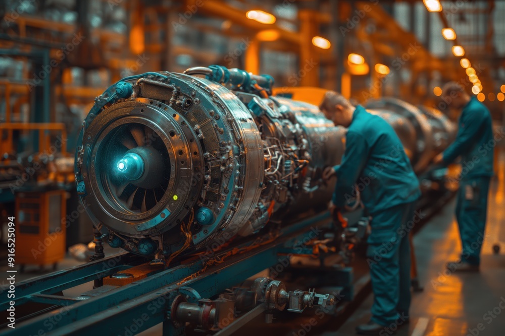 Engineers Working on Aircraft Engine Assembly. Two engineers are ...