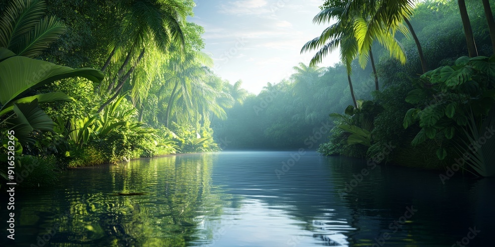 Hyper-Realistic Jungle with Flowing Water and Volumetric Lighting Stock ...