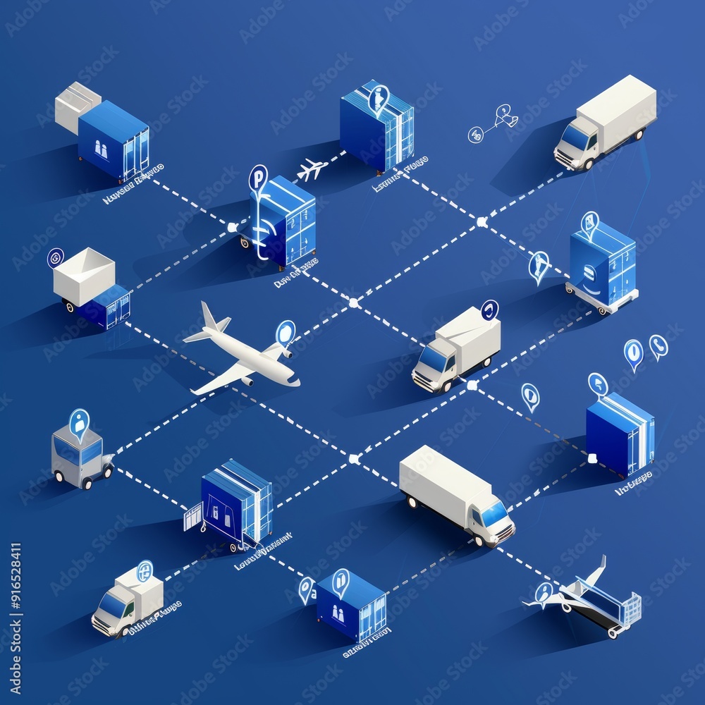 Different transportation vehicles like trucks and planes interconnected ...