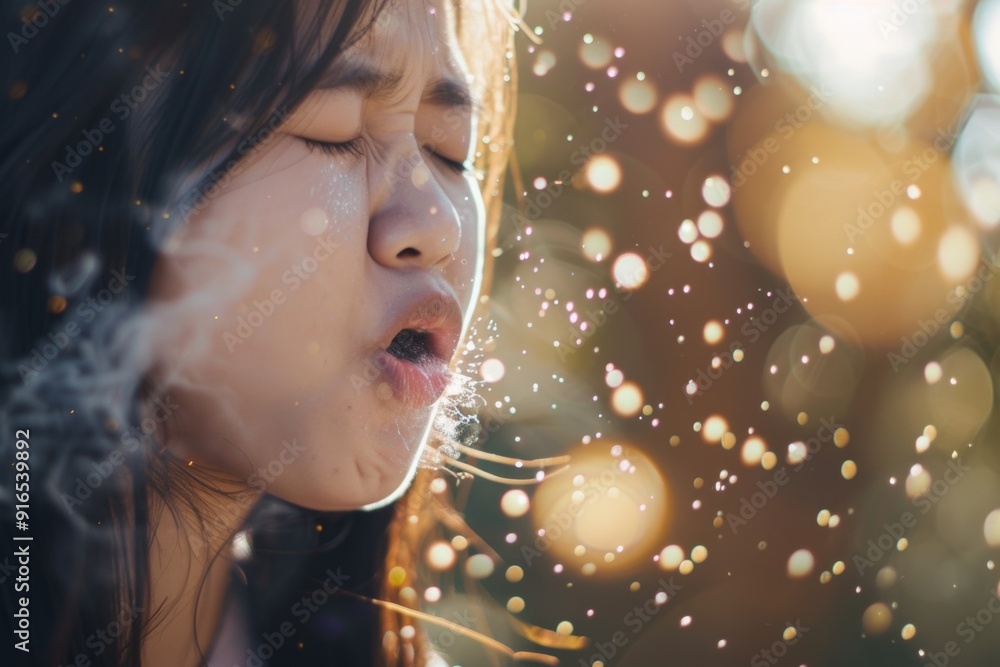 Asian teen girl sneezes demonstrating hygiene and virus transmission. Captured sneeze of asian ...