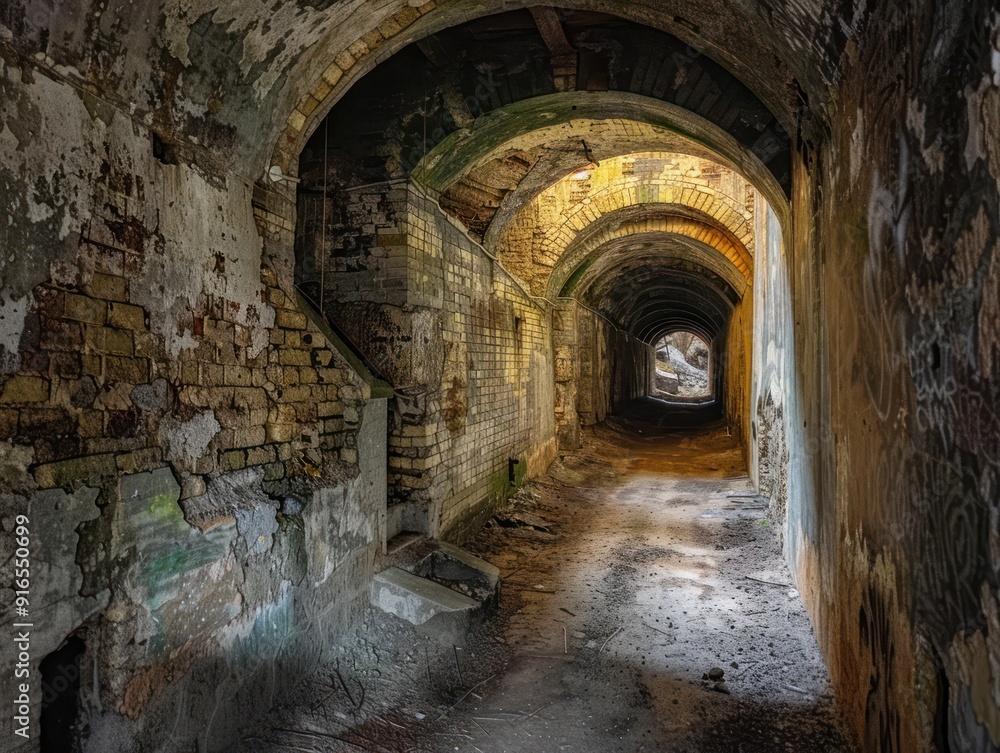 An image of a decaying tunnel leading to a light source, revealing ...