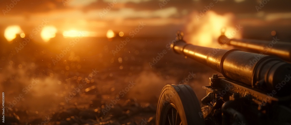Forces deploying powerful cannons in a dramatic battle scene ...