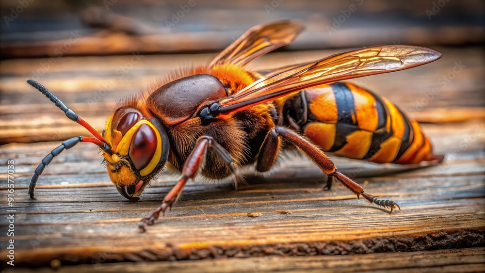 A lone, lifeless Asian giant hornet, its shiny orange and black body ...