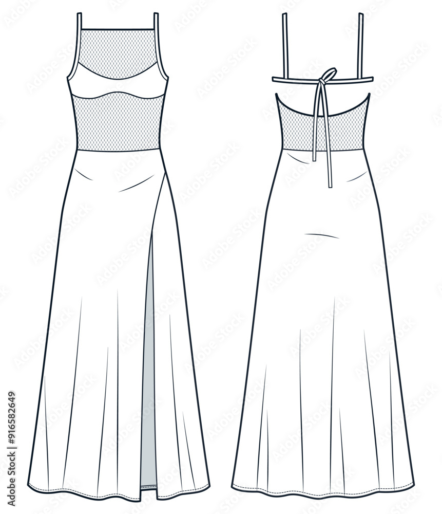 Mesh maxi Dress technical fashion illustration. Strap Bias Dress ...