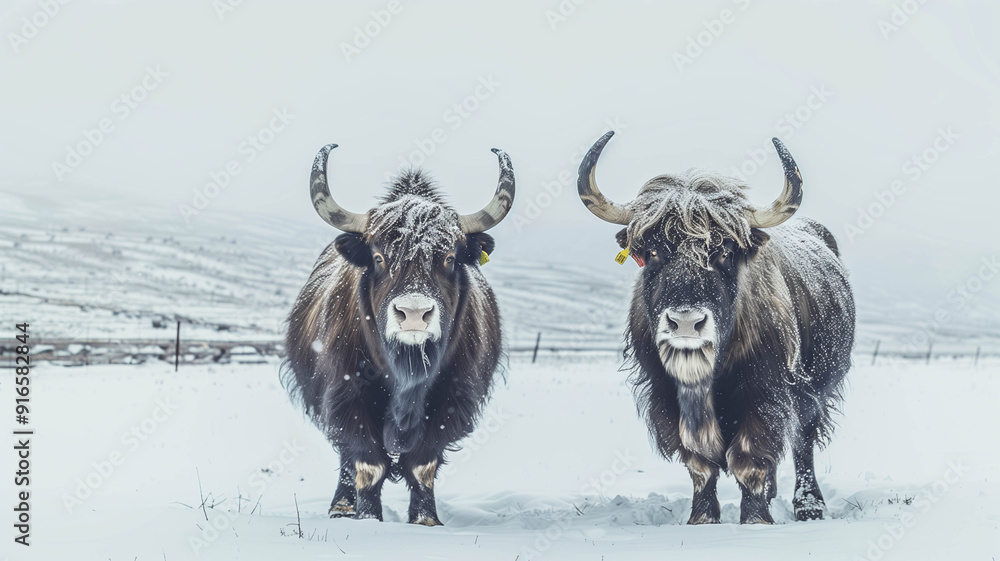 A majestic pair of yaks standing side by side in a pristine snowy ...