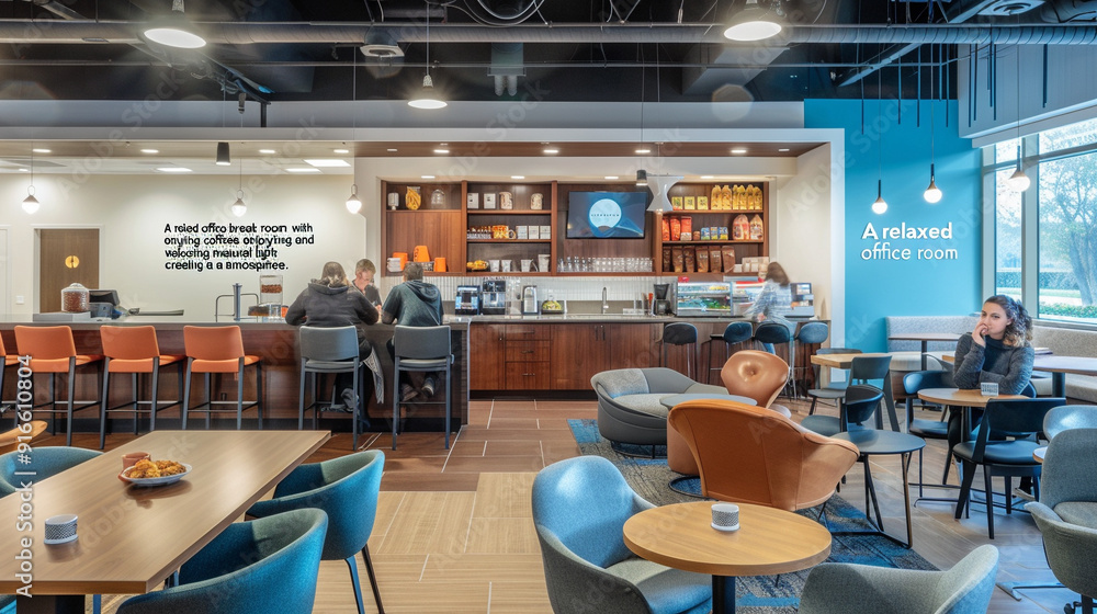 A relaxed office break room with employees enjoying coffee and snacks ...