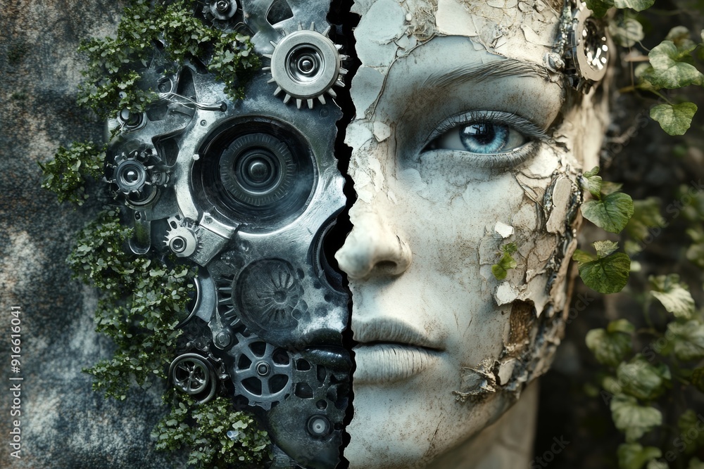 Conceptual portrait of a face split in half, one side showing ...