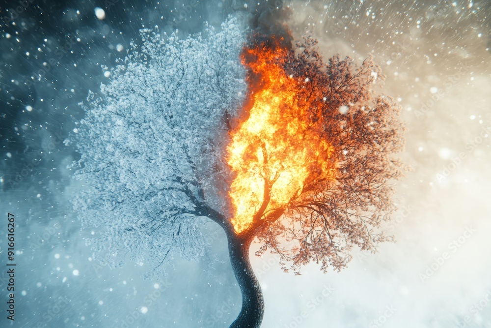 Two trees growing intertwined, one tree on fire and the other covered ...