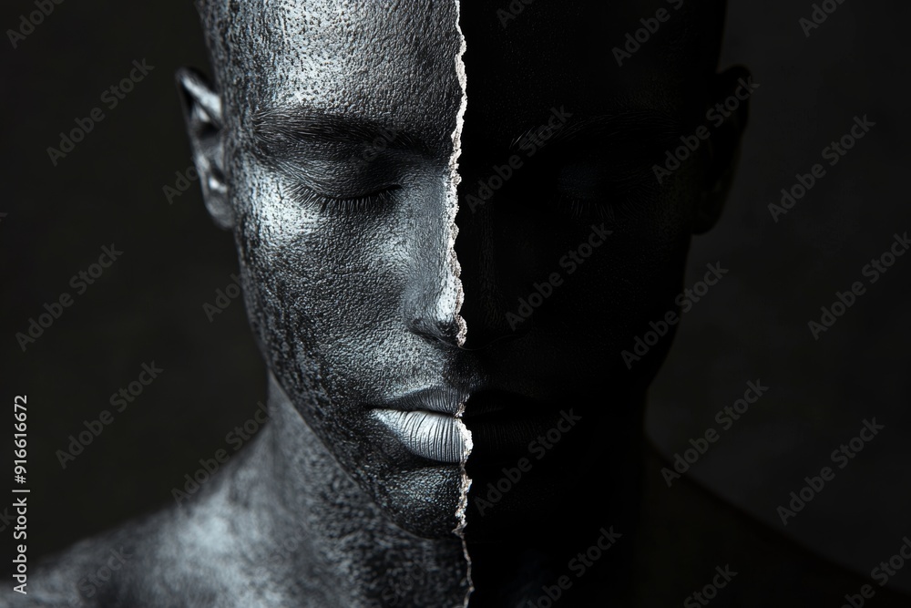 Conceptual portrait of a figure with one side in shadow and the other ...