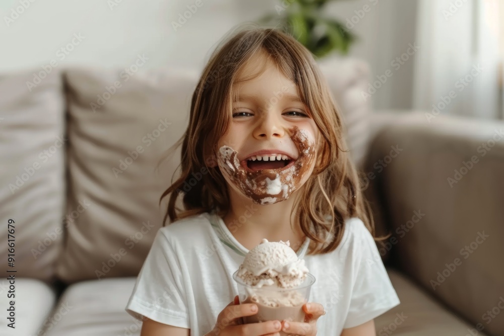 Child's innocent face lights up cute smile. Ice cream brings pure ...