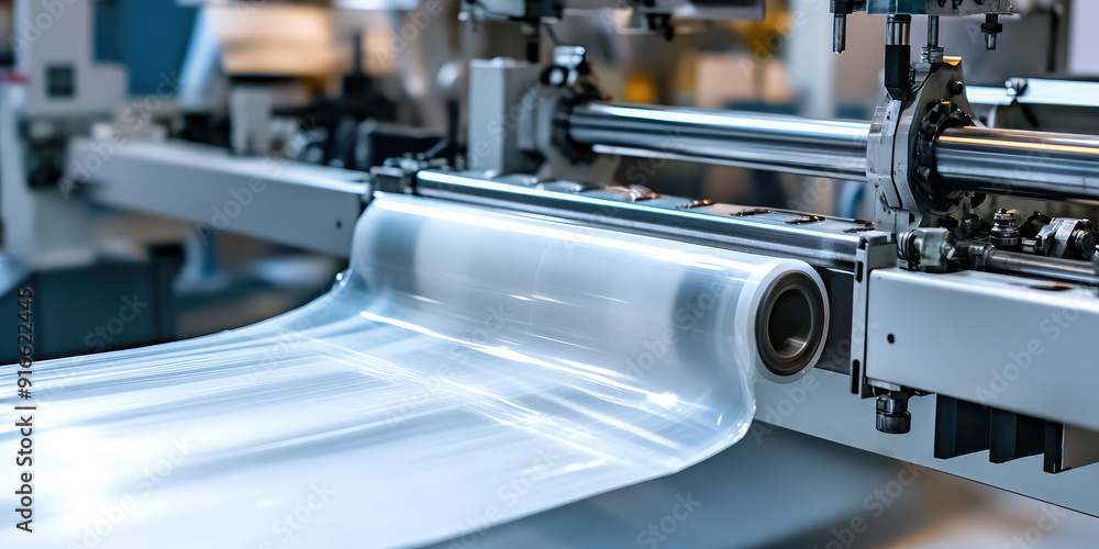 Automatic polyethylene plastic bag production machine. Close-up roller ...