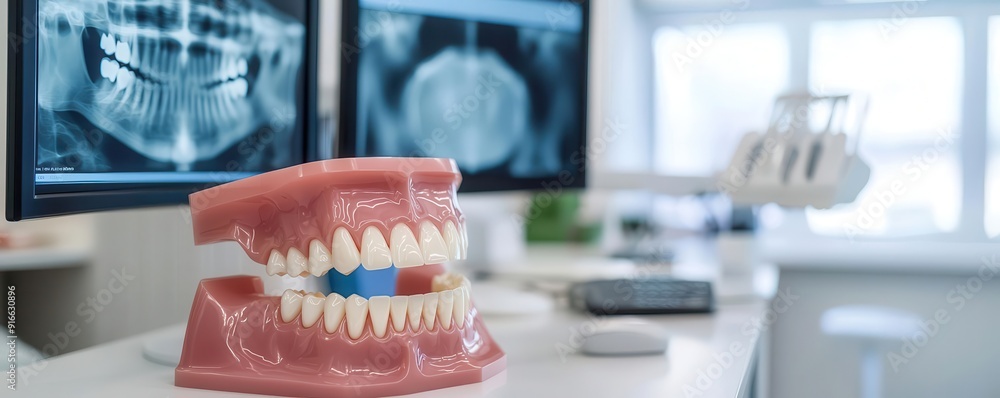 Dentist's workstation showing digital implant models on dual screens ...