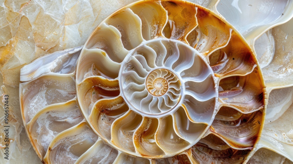 Nautilus shell highlighted in an abstract background, showing its ...