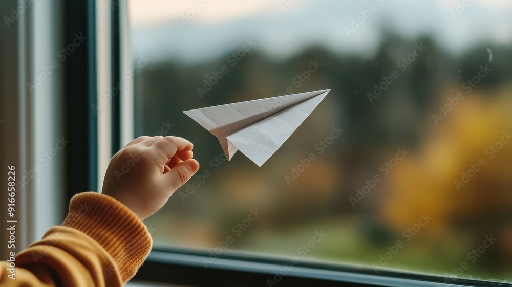 Child launching paper airplane from window, dotted line flight path ...