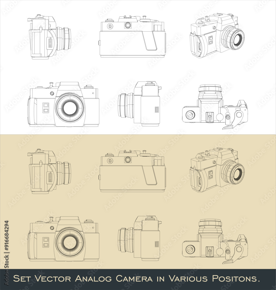 Set camera analog retro classic. Vector line drawing from all view top ...