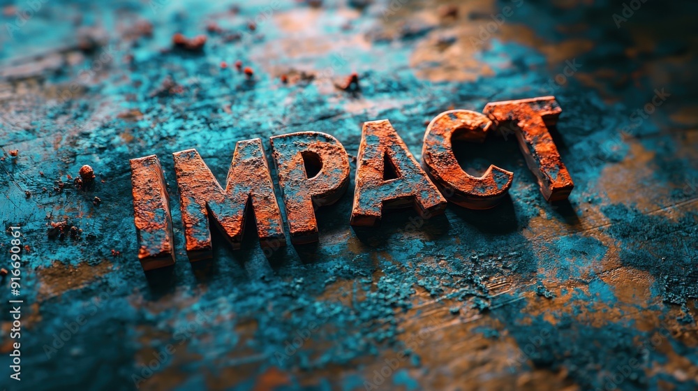 3D text reading "Impact" with a rusty texture, set against a textured ...