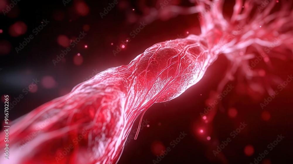 Close-up view of a digital blood vessel with glowing red details ...