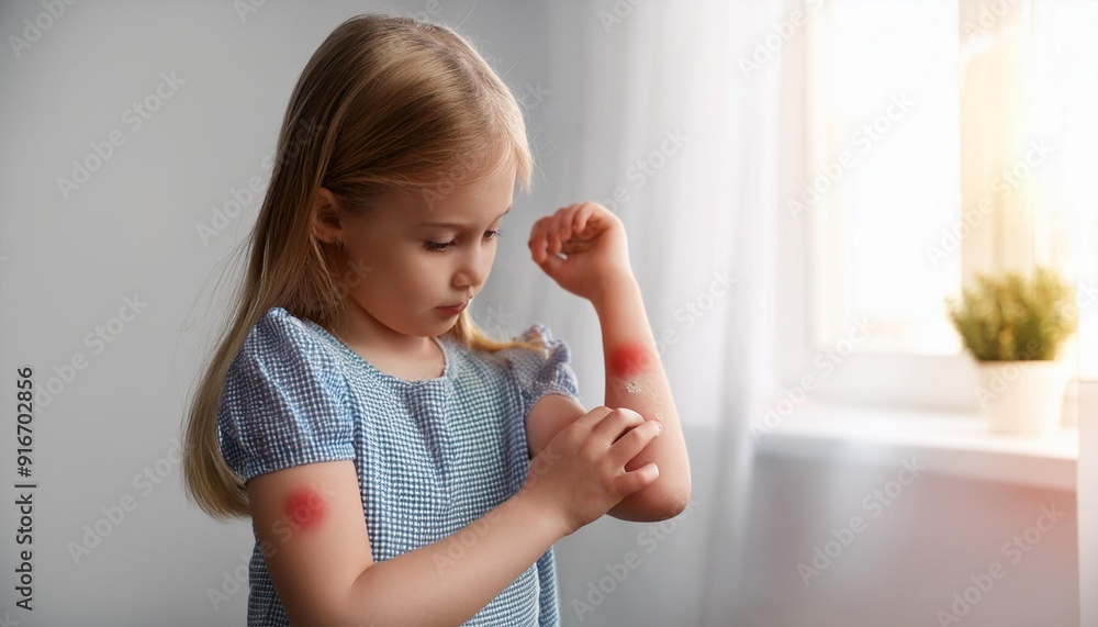 Little girl has skin rash allergy itching and scratching on her arm ...