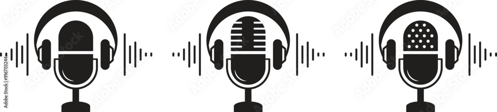 Microphone and headphone icon set. Contains microphone audio sound icon ...