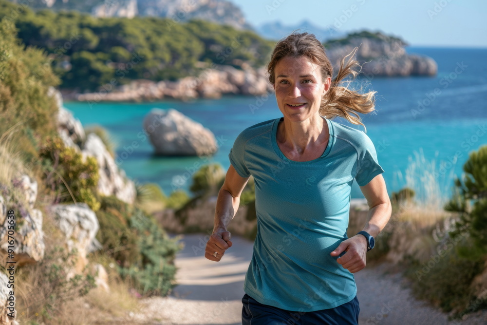 Positive and active woman embraces fitness sunny morning jog ...