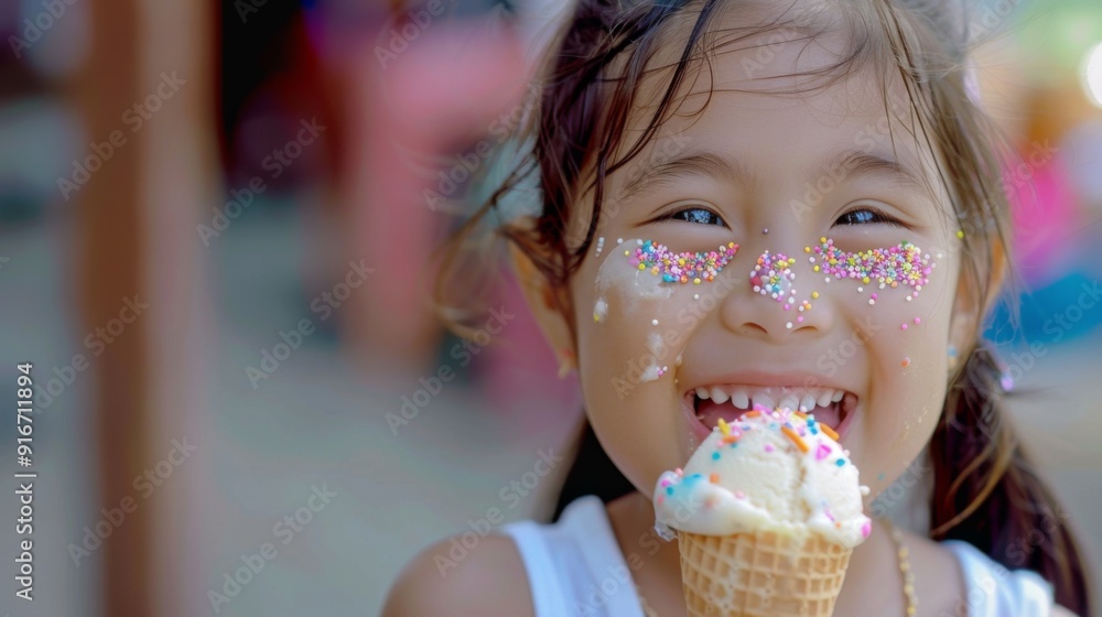 The little girl has sprinkles on her nose and a big smile as she holds ...