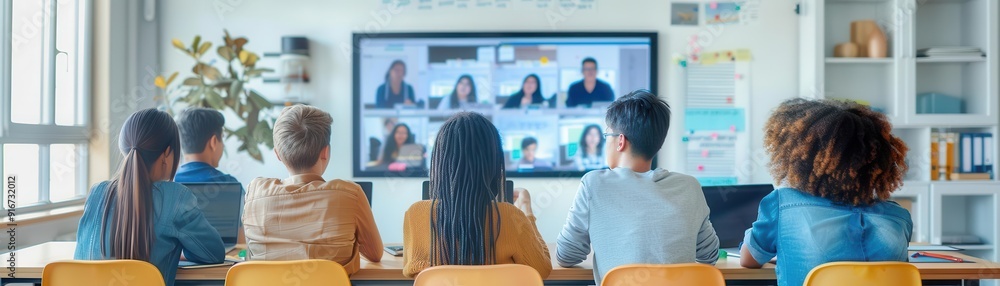 Remote classroom with engaged students, teachers digital lesson ...