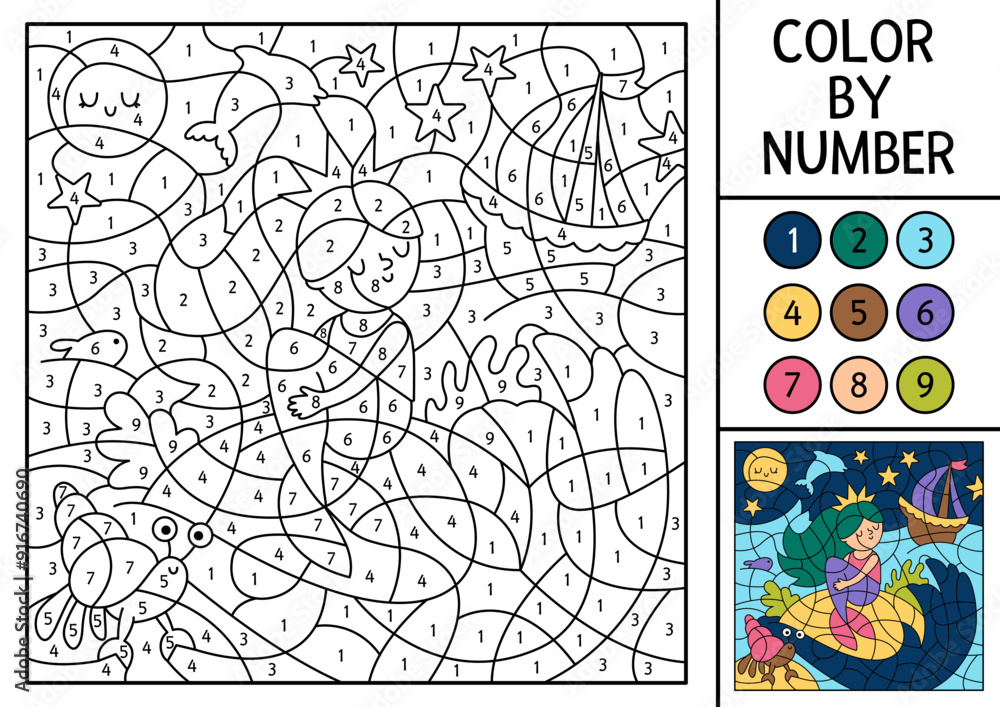 Vector mermaid color by number activity with cute sea princess, ship ...