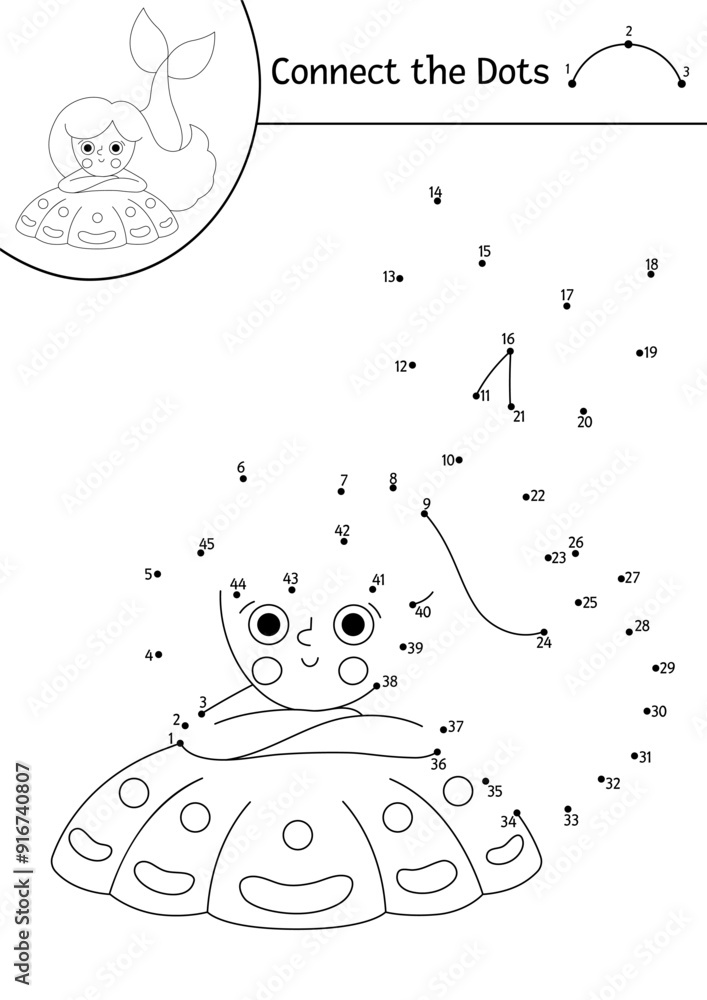 Vector dot-to-dot and color activity with cute mermaid on seashell ...