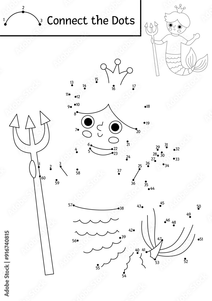 Vector dot-to-dot and color activity with cute merman with trident ...