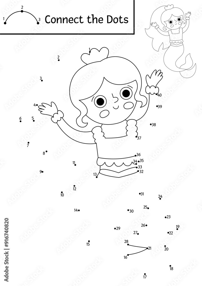Vector dot-to-dot and color activity with cute mermaid. Ocean kingdom ...
