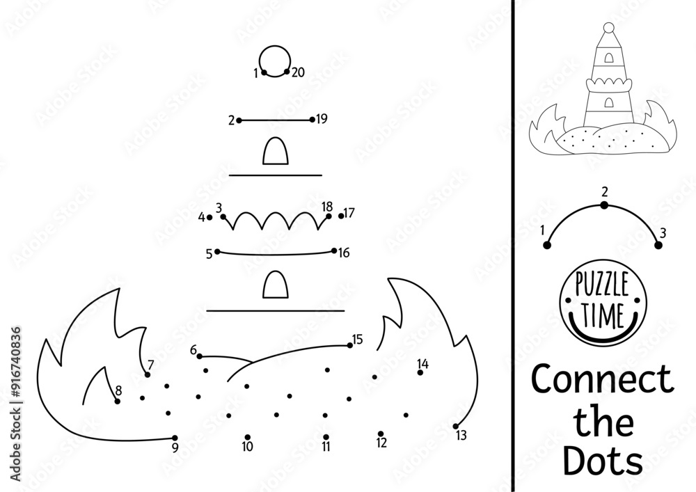 Vector mermaid dot-to-dot and color activity with cute lighthouse ...