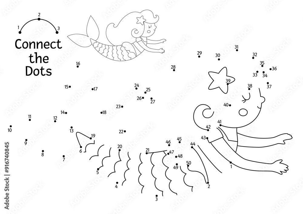 Vector dot-to-dot and color activity with cute swimming mermaid. Ocean ...