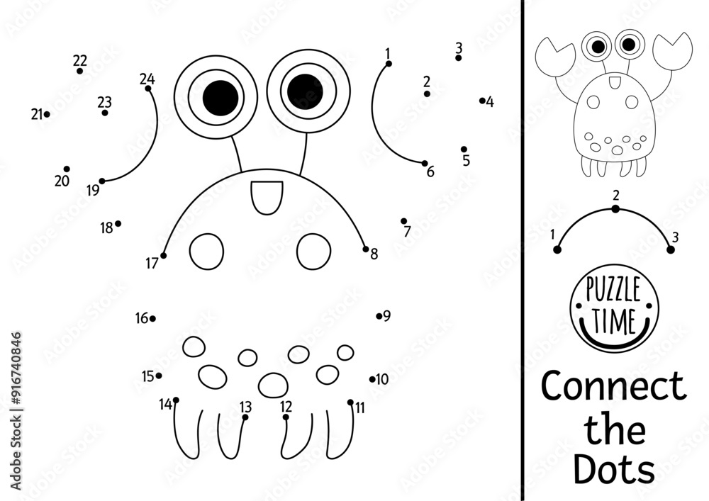 Vector mermaid dot-to-dot and color activity with cute crab. Ocean ...